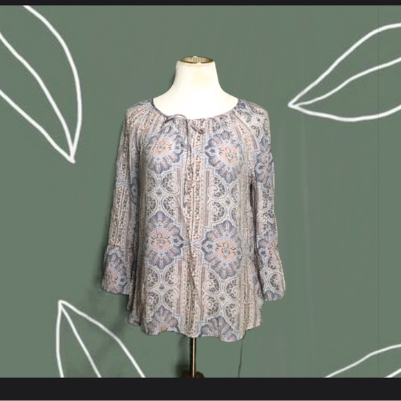 Fred David | Tops | Fred David Boho Pattern Bell Sleeve Tie Front ...